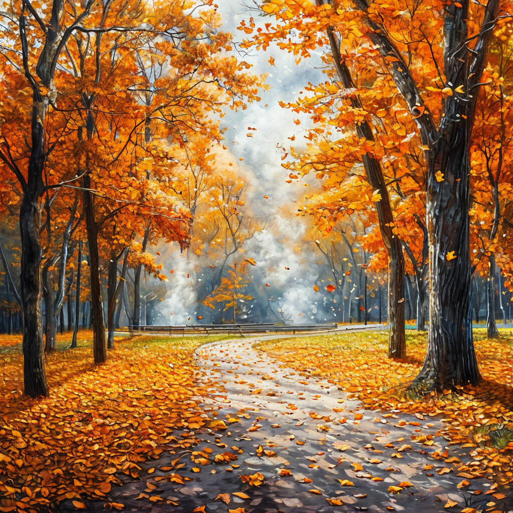 "Draw a bright, but dull and cool autumn morning in the park. Smoke ...