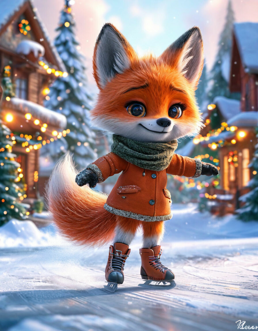 " digital art,macrocosm, mini cute fox girl skating,fluffy tail, ice ...