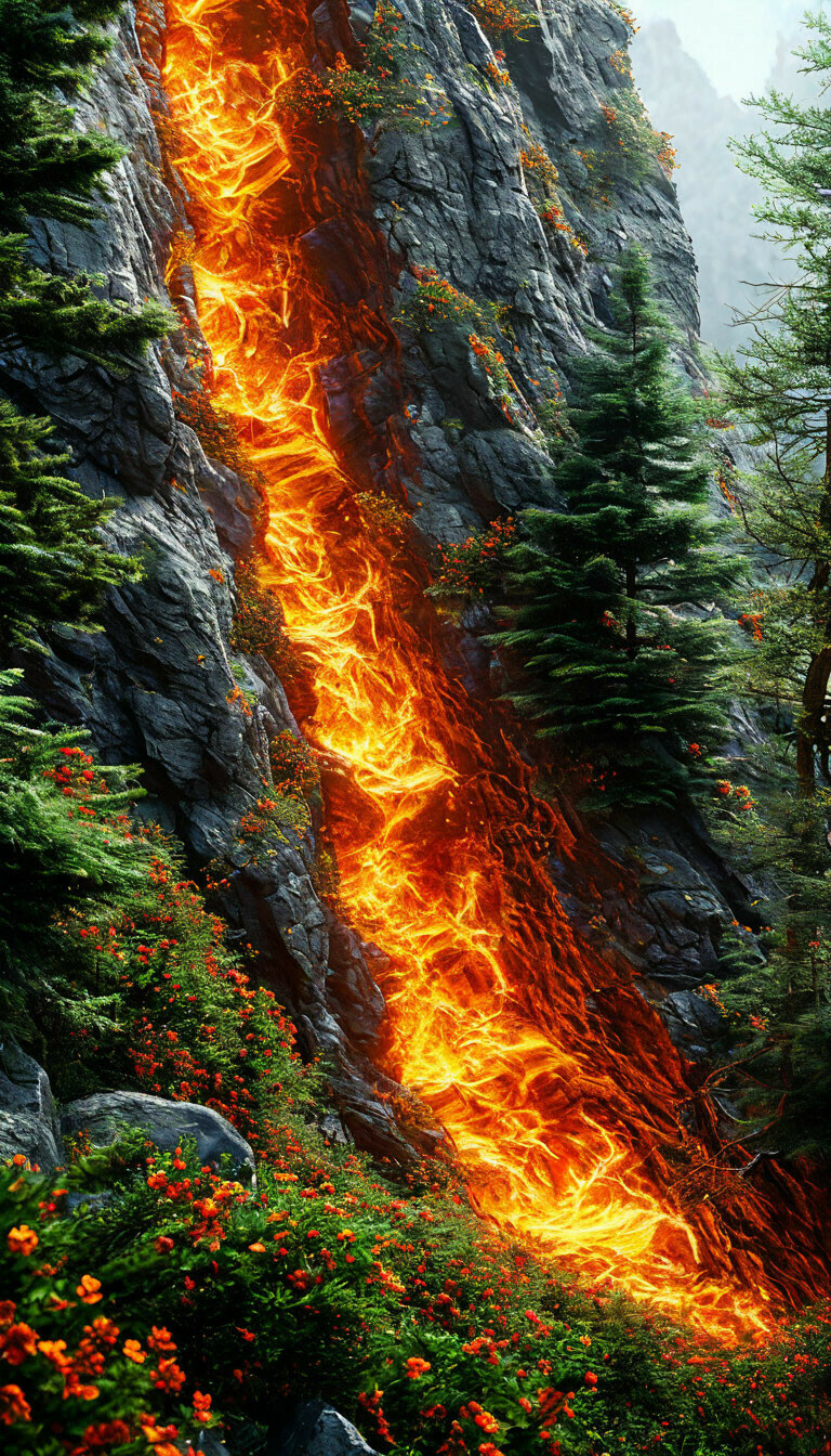 "Litmis a huge rocky hill flows down fiery lava fractals of sparks and ...