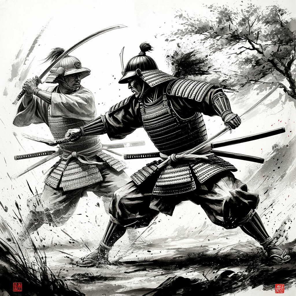 "Raster computer graphics white on white. Samurai in battle A dynamic ...