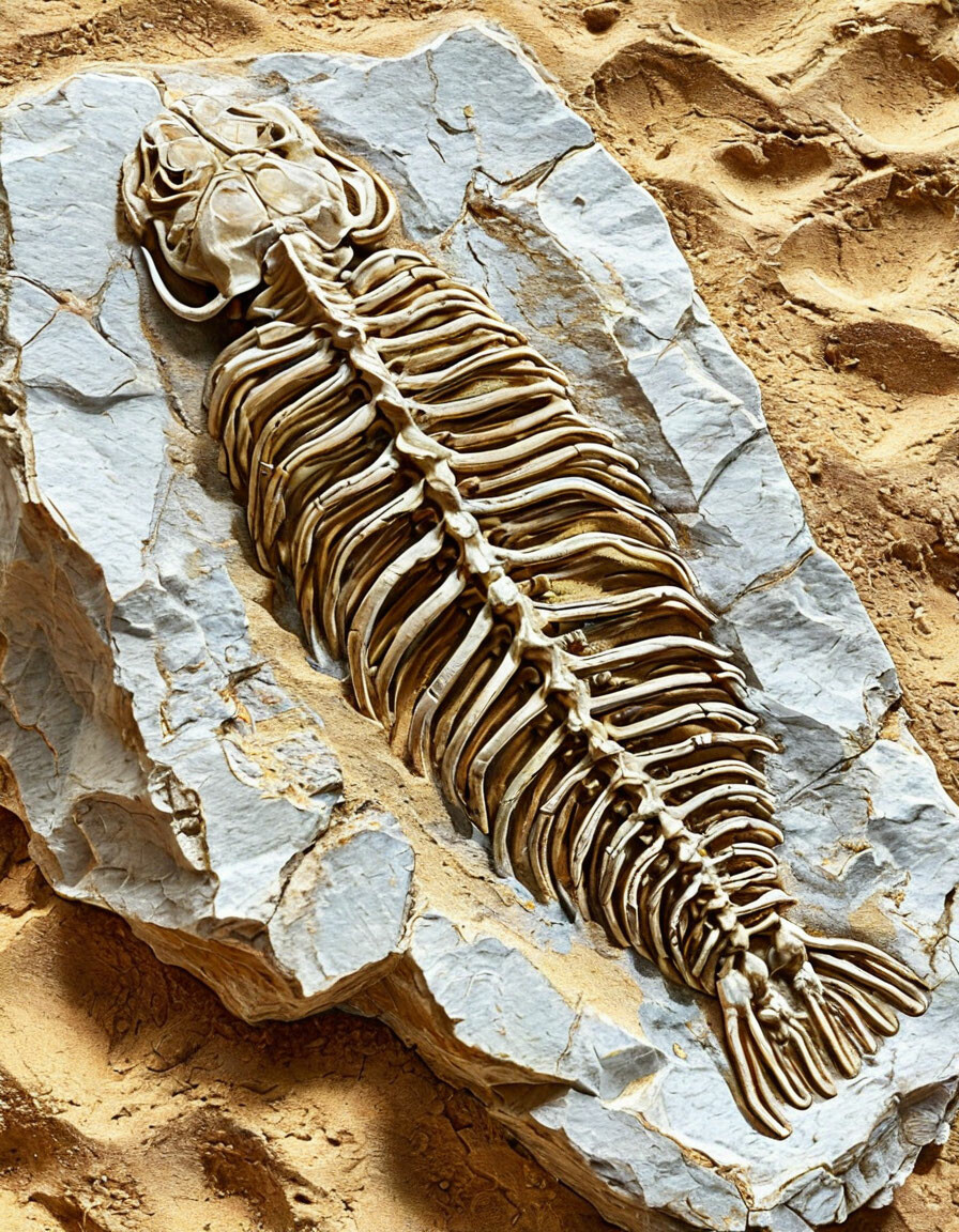 "A close-up on a piece of limestone is a fossil- the skeleton of a ...