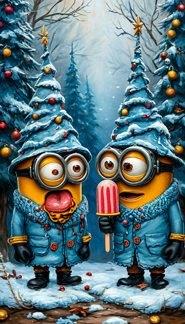 "Blue fir trees . Anthropomorphic funny minion Christmas trees with ...