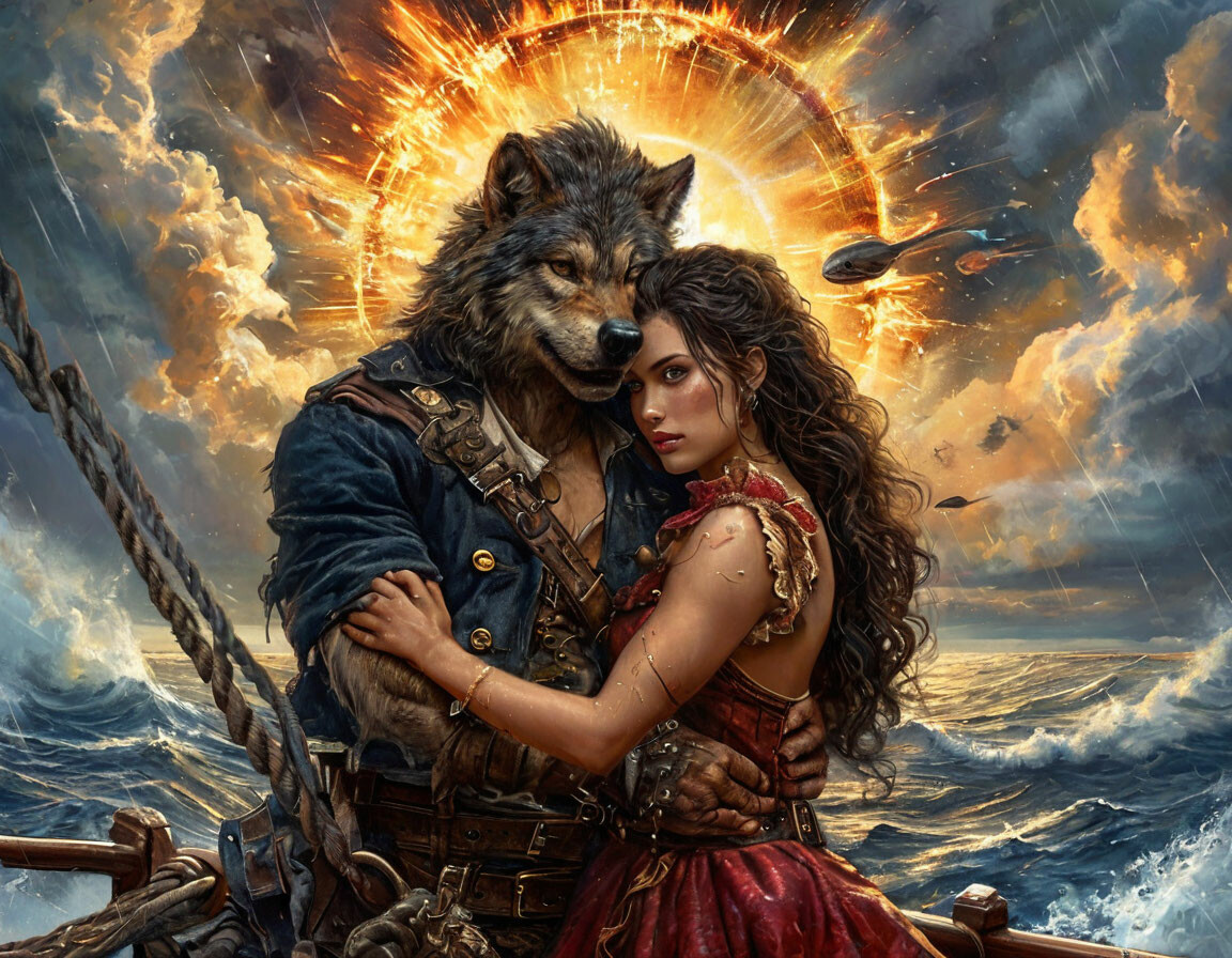 "A pirate wolf hugs a beautiful brunette on an old schooner during a ...