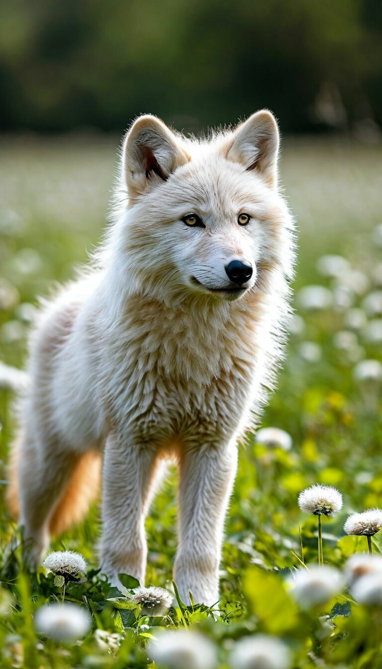 "A white fluffy wolf cub in full …" — image created in Shedevrum