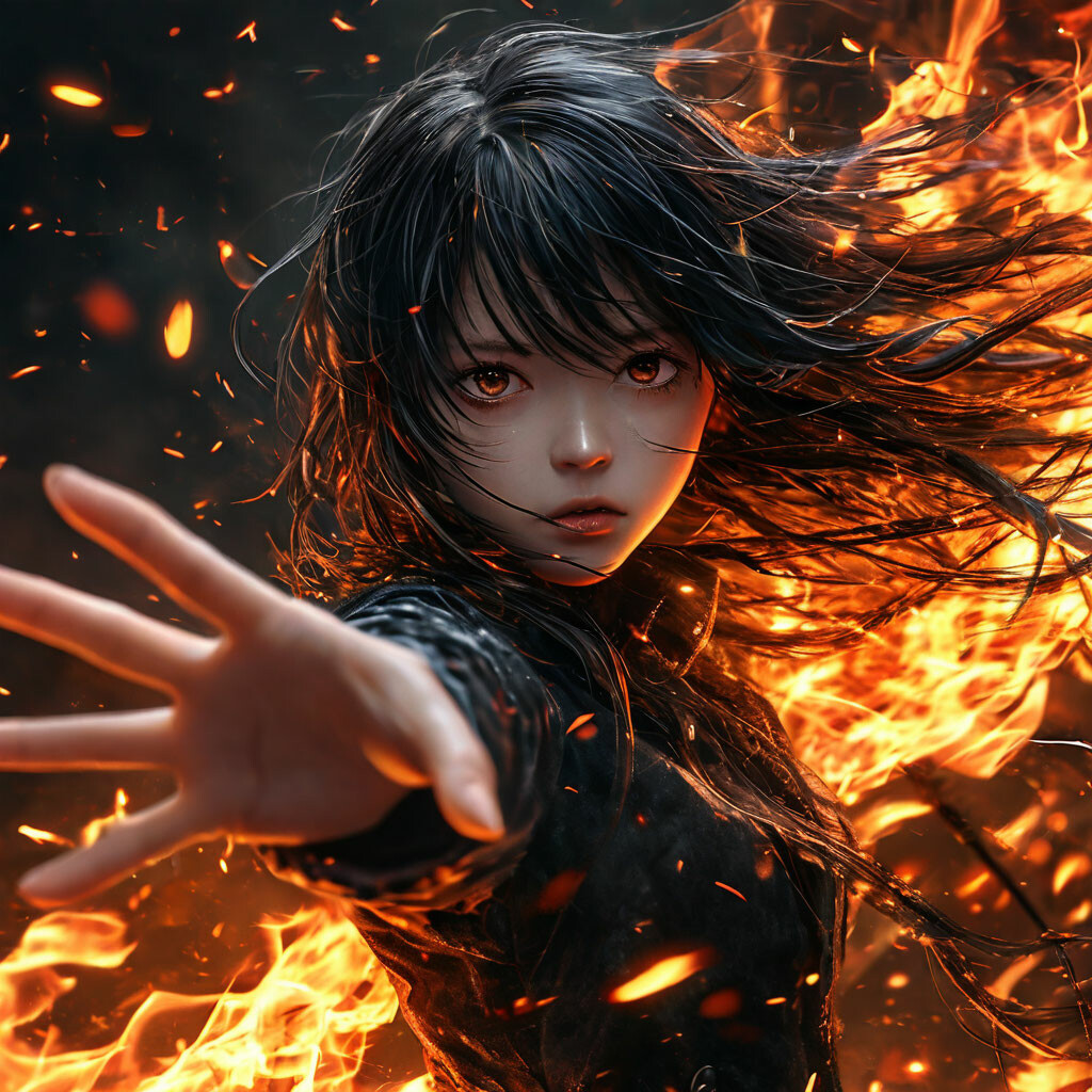 "Anime girl, hair developing in flames…" — image created in Shedevrum