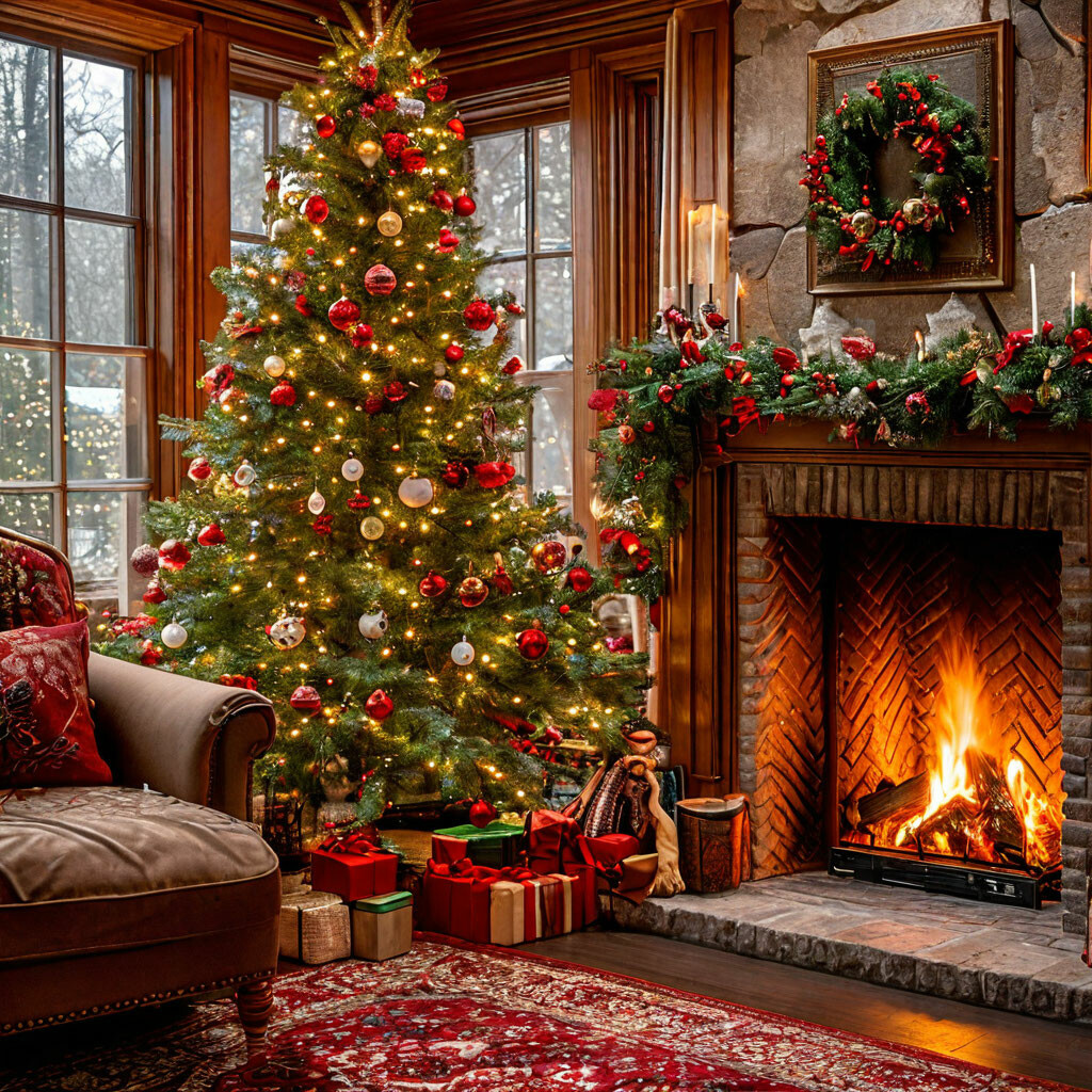 "Christmas tree next to the fireplace" — image created in Shedevrum