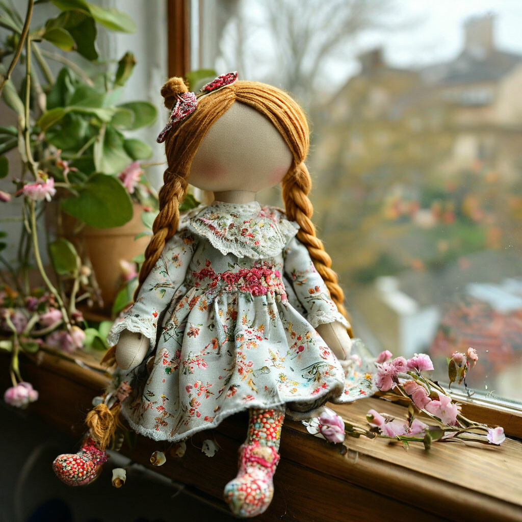 "Tilda the rag doll is sitting on the windowsill" — image created in ...
