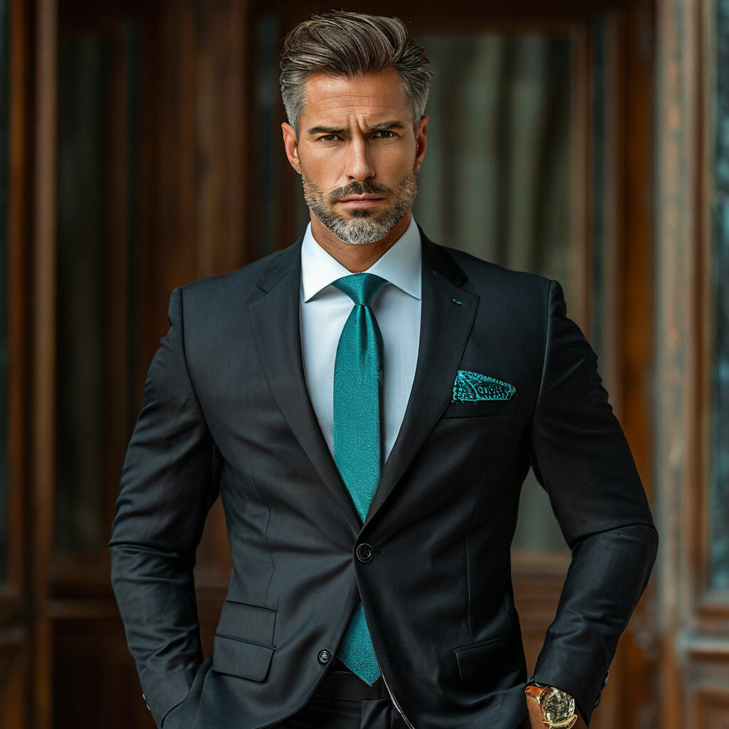 "A handsome man with a slight unshaven head, short fashionable haircut ...