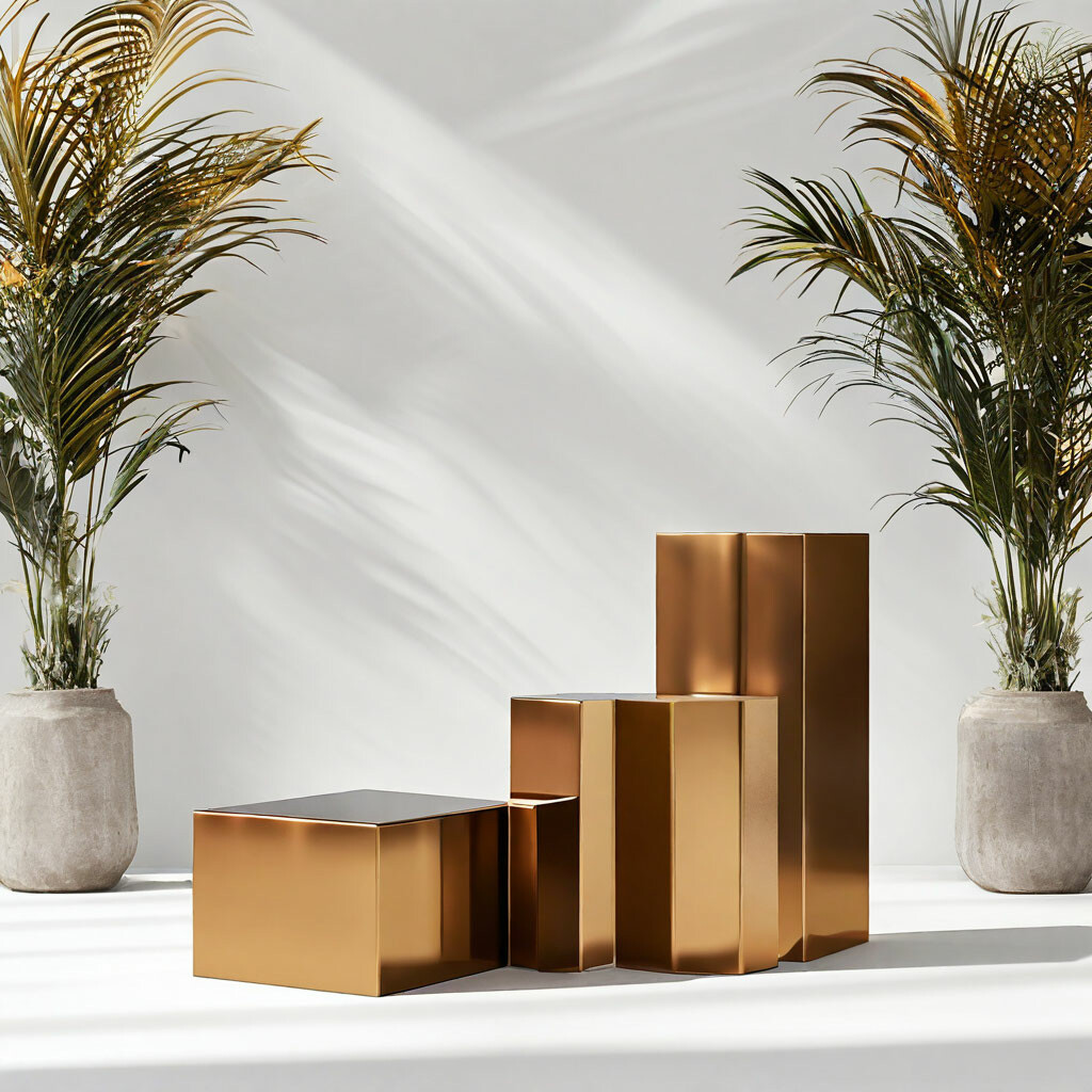 "Rectangular podiums in brown and gold…" — image created in Shedevrum