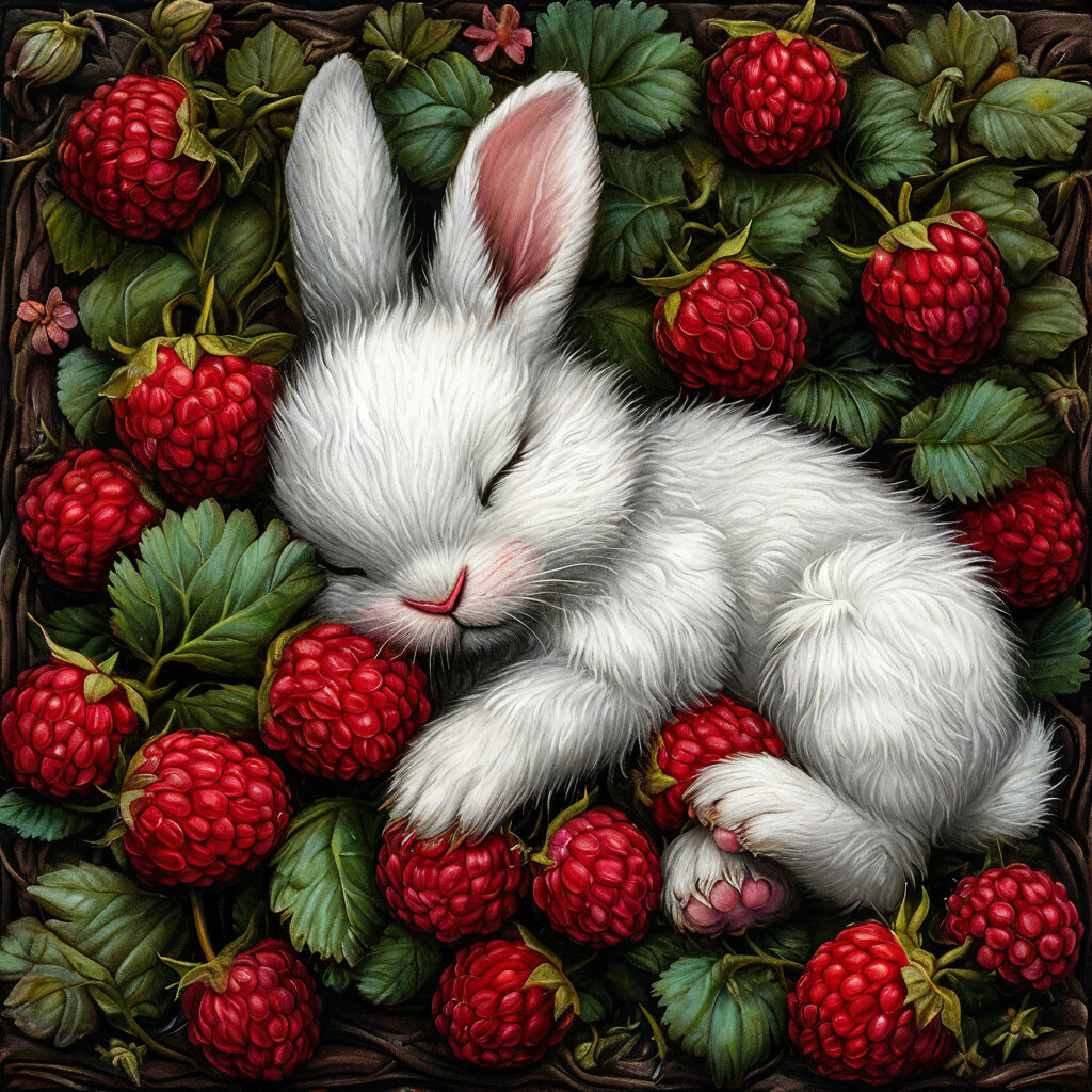 "Sleeping bunny, strawberries, peonies, and others" — image created in ...