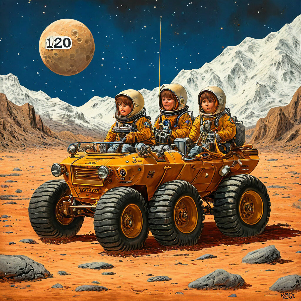 "The moon, a six-wheeled lunar rover, …" — image created in Shedevrum