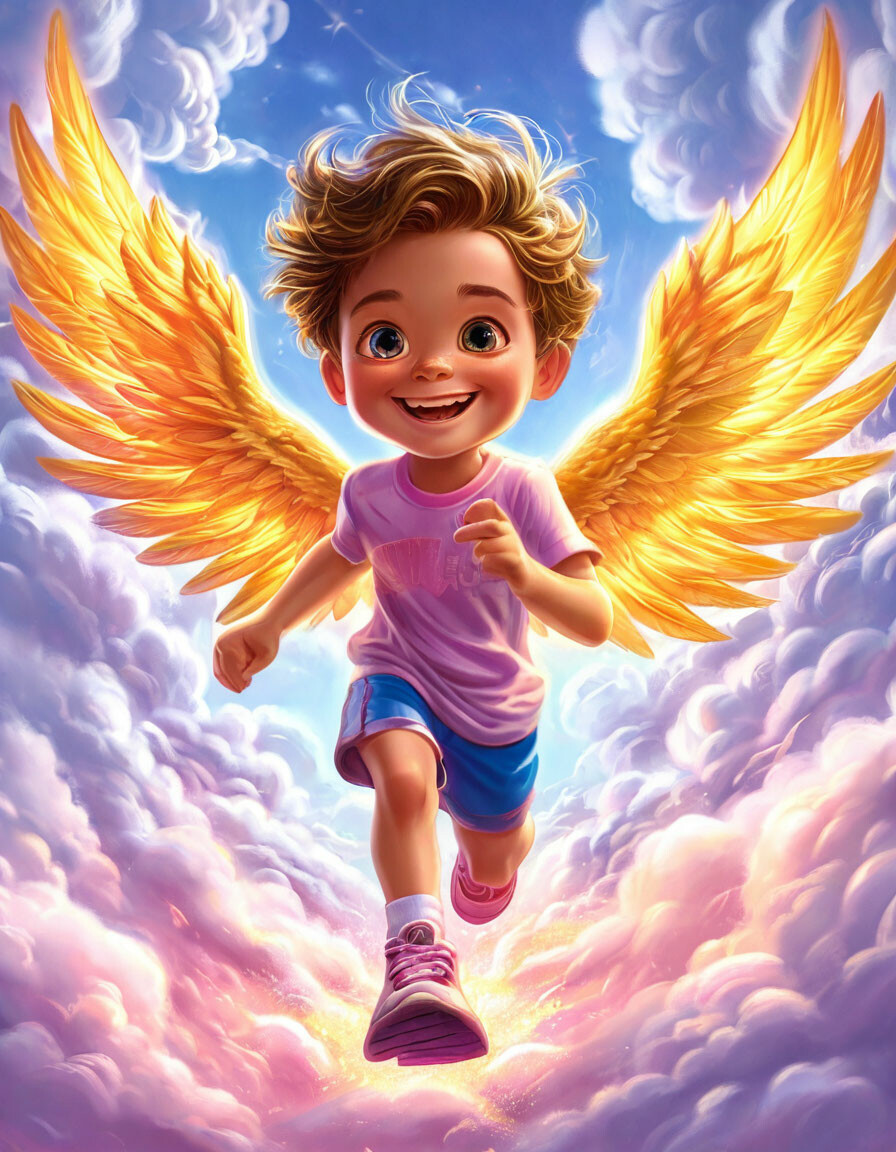 "🌌 Angel runner, boy smiling broadly…" — image created in Shedevrum