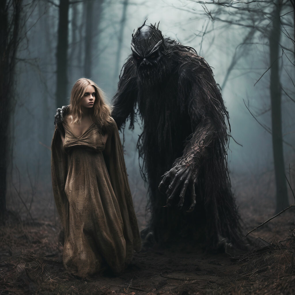 "A vile monster drags a beautiful girl by the hand in a torn shroud ...