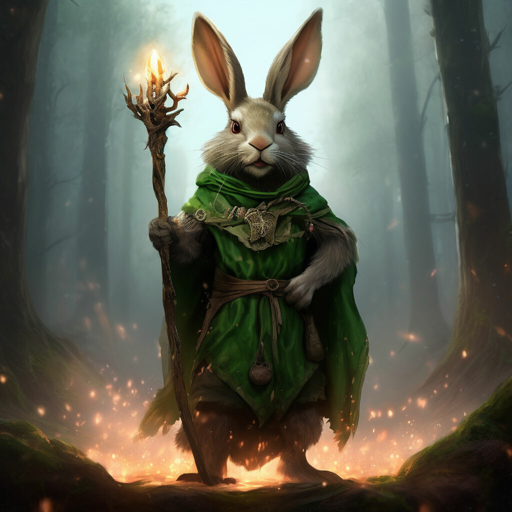 "Aetropomorphic rabbit druid, magic, sparks, forest" — image created in ...