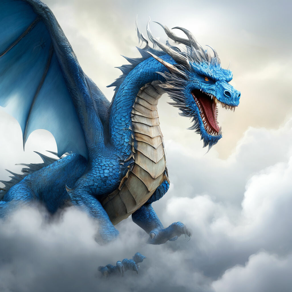 "A scary blue dragon stands on a cloud…" — image created in Shedevrum
