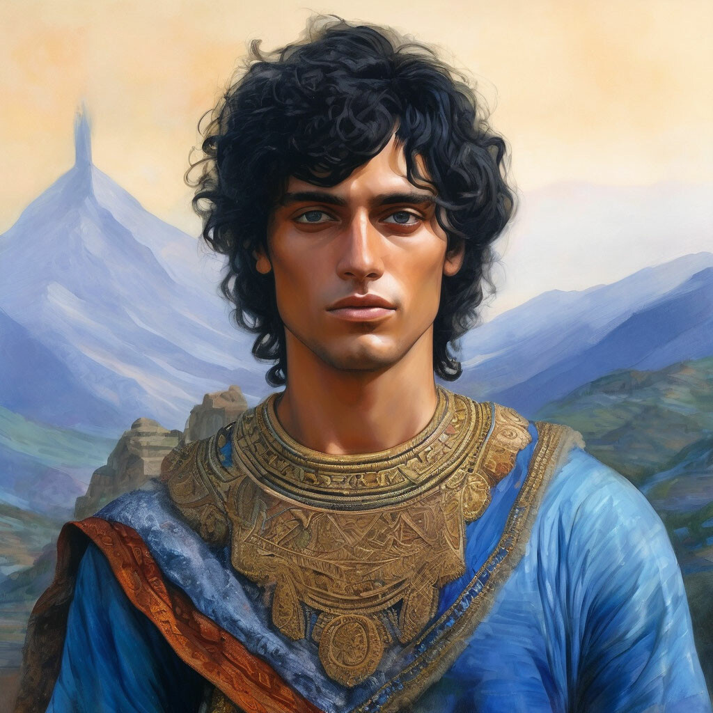 "A handsome Assyrian man in rich clothes and a giant Sumerian bull ...