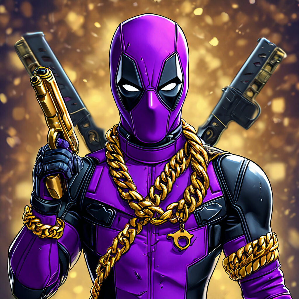 "Purple deadpool with golden pistols and golden chains in the form of a ...