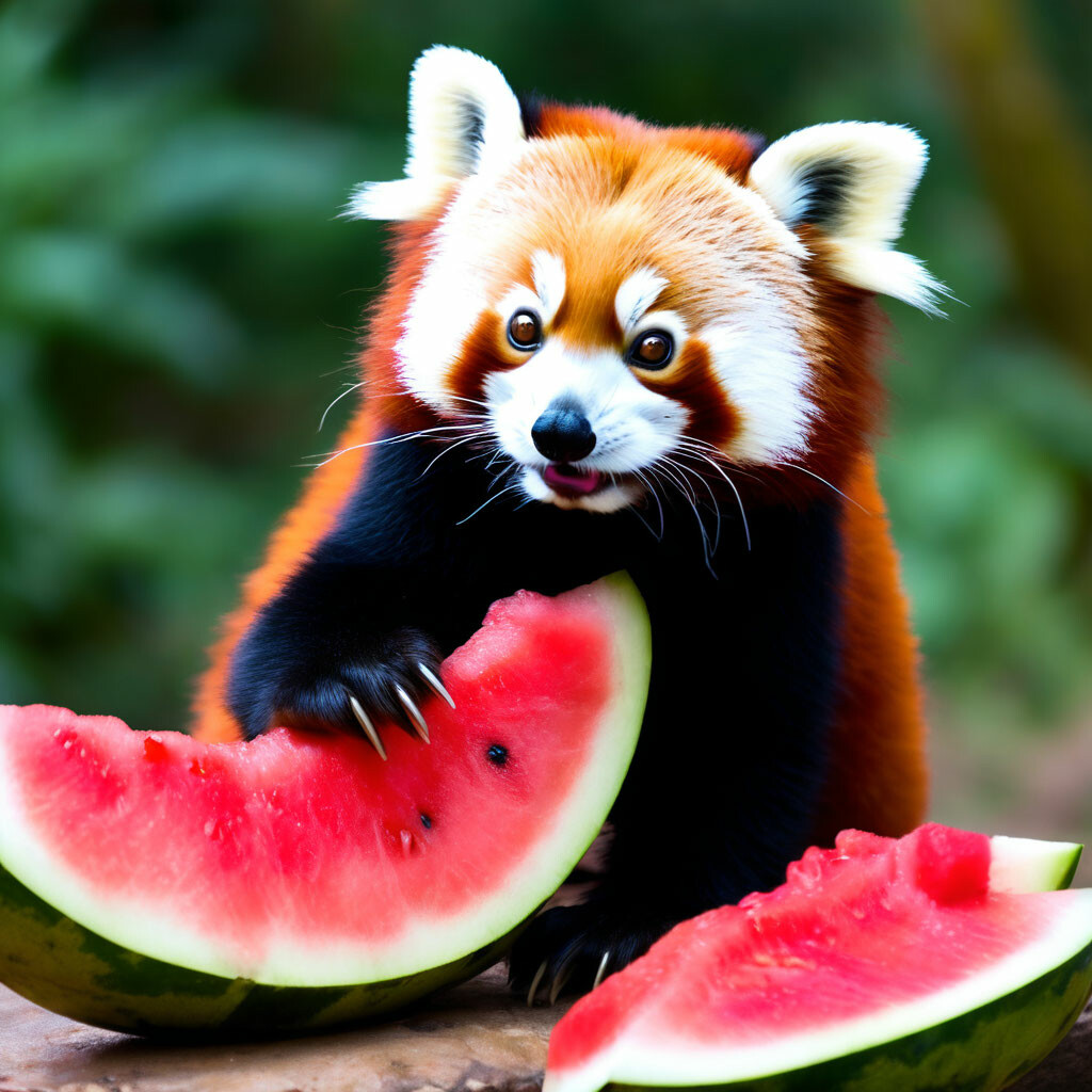 "Red panda eats watermelon" — image created in Shedevrum
