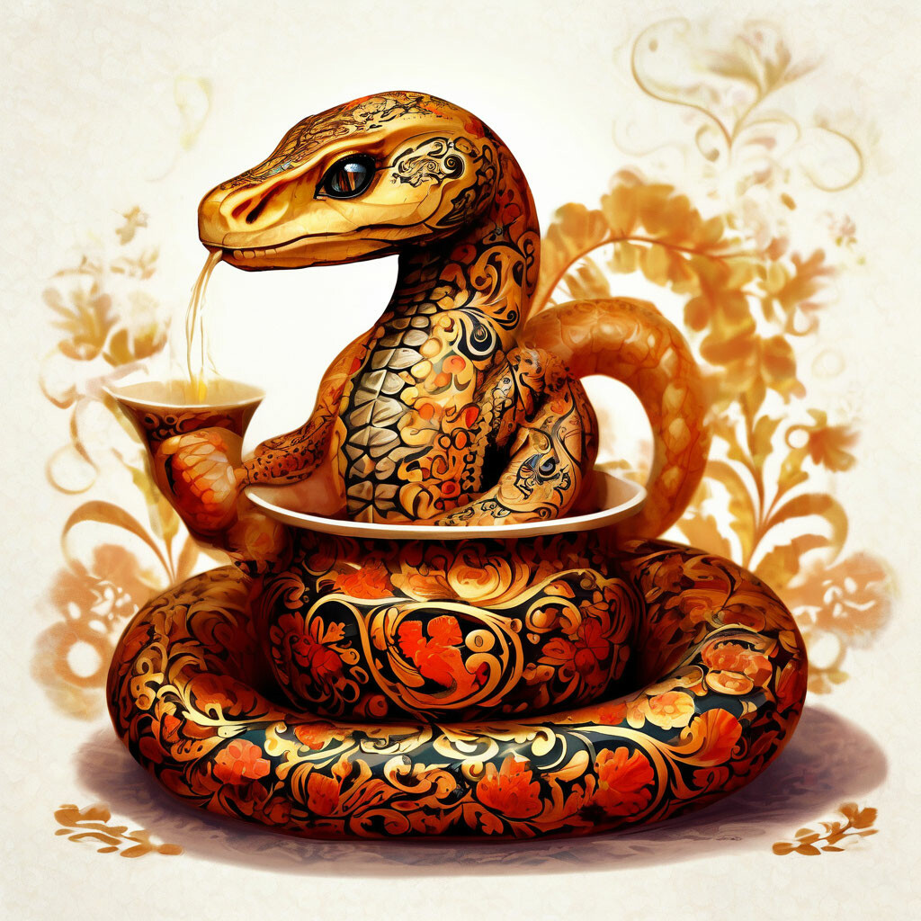 "A snake painted to look like a khokhloma is drinking tea" — image ...