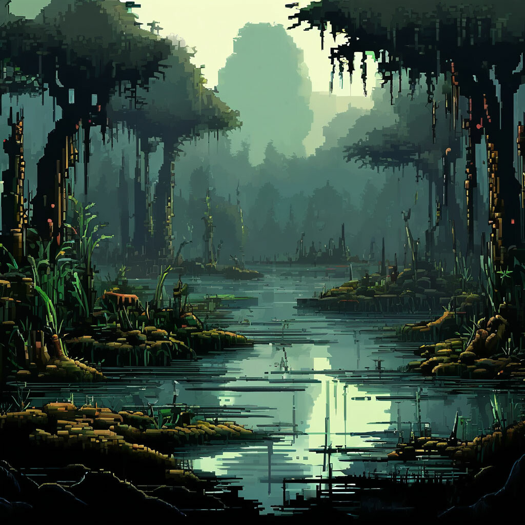 "Swamp, pixel graphics" — image created in Shedevrum