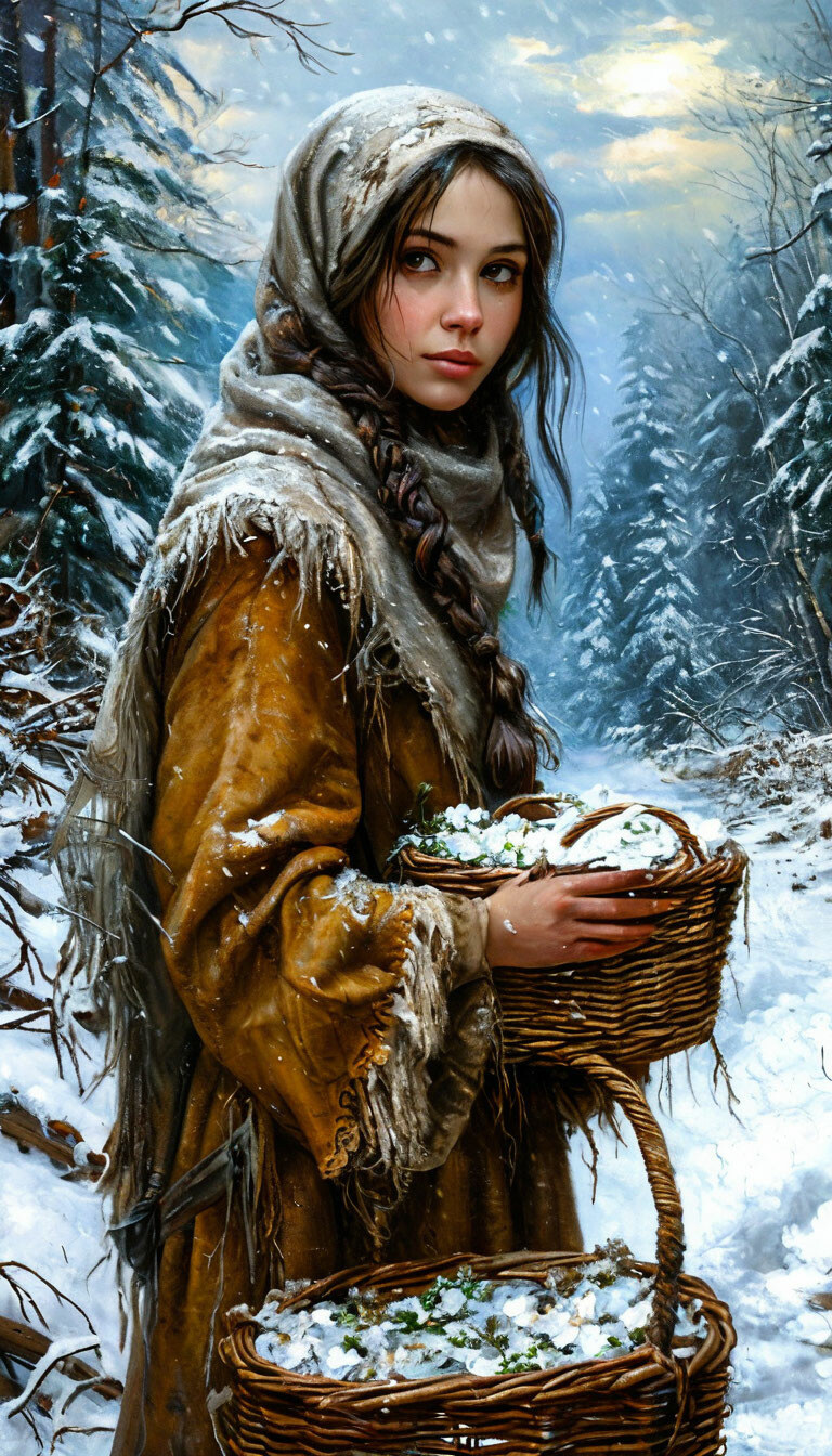 "The style of the artist Ivan Aivazovsky ,a girl in a ragged shaggy fur ...