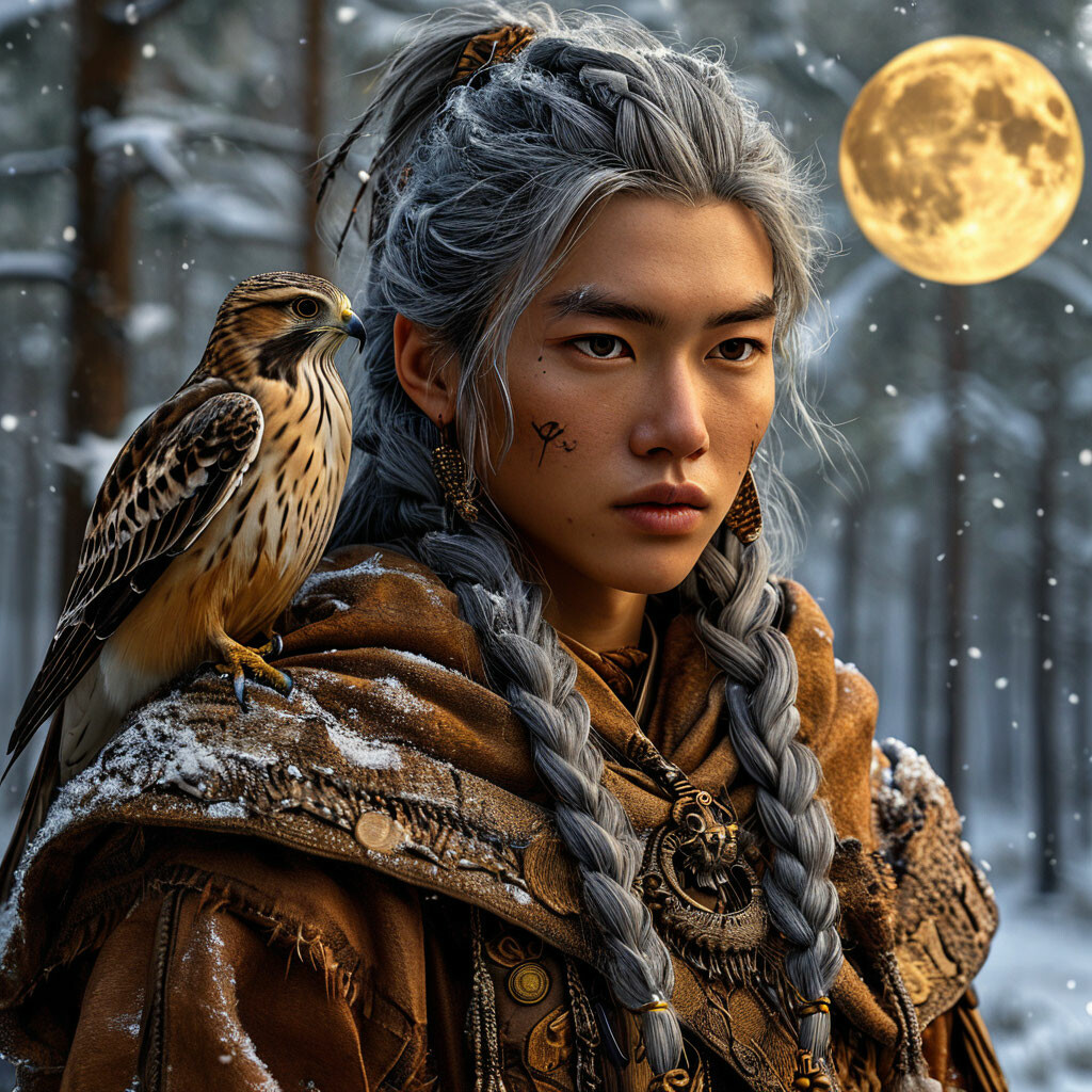 "Warrior, Asian, Altai, looking at the camera, gray hair braided ...