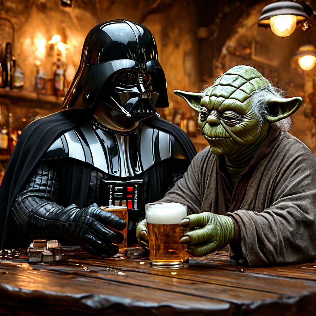 "Darth Vader drinks beer with Master Yoda" — image created in Shedevrum
