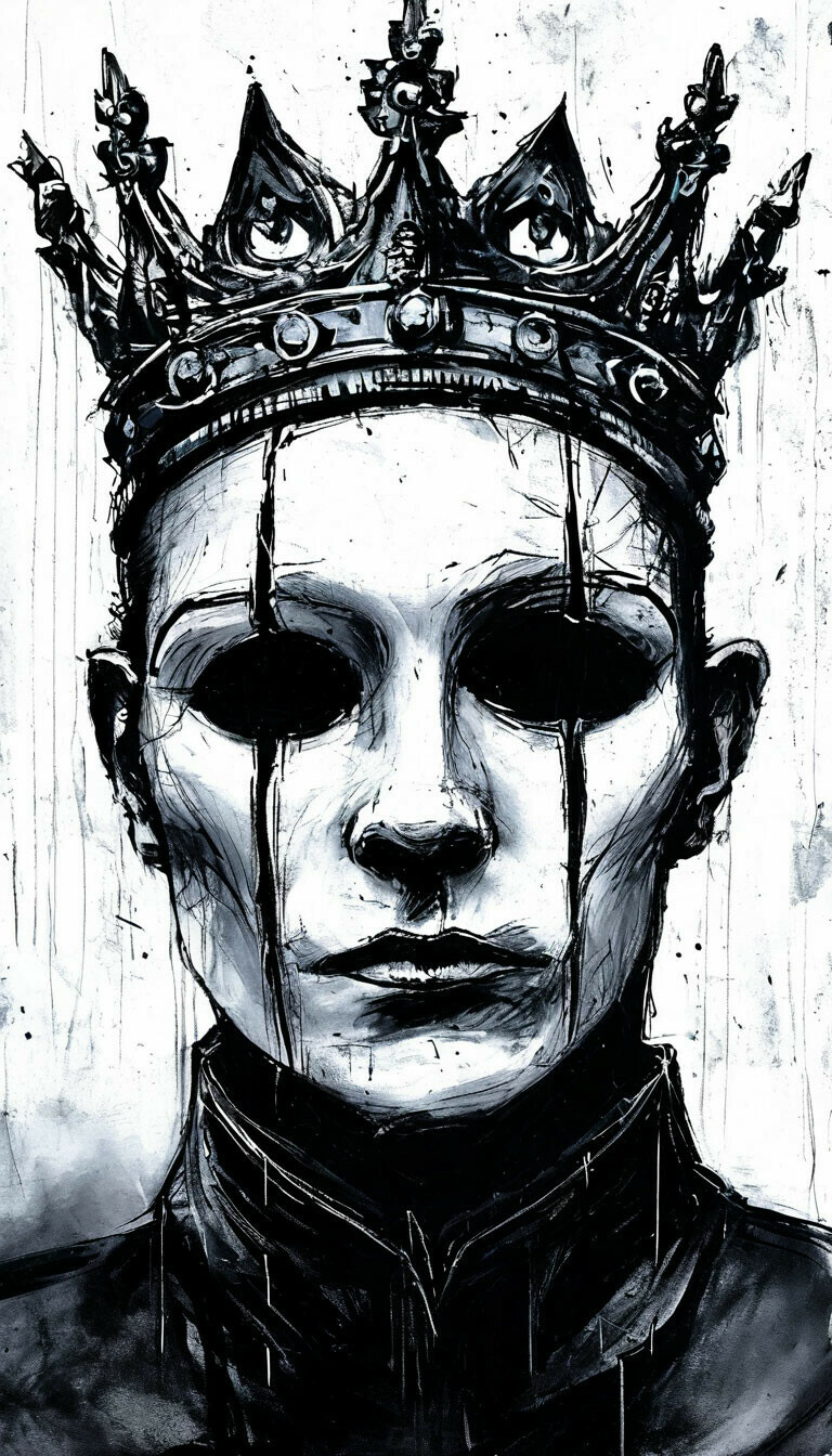 "Rough watercolor abstraction of an unhappy very thin mask-male ...