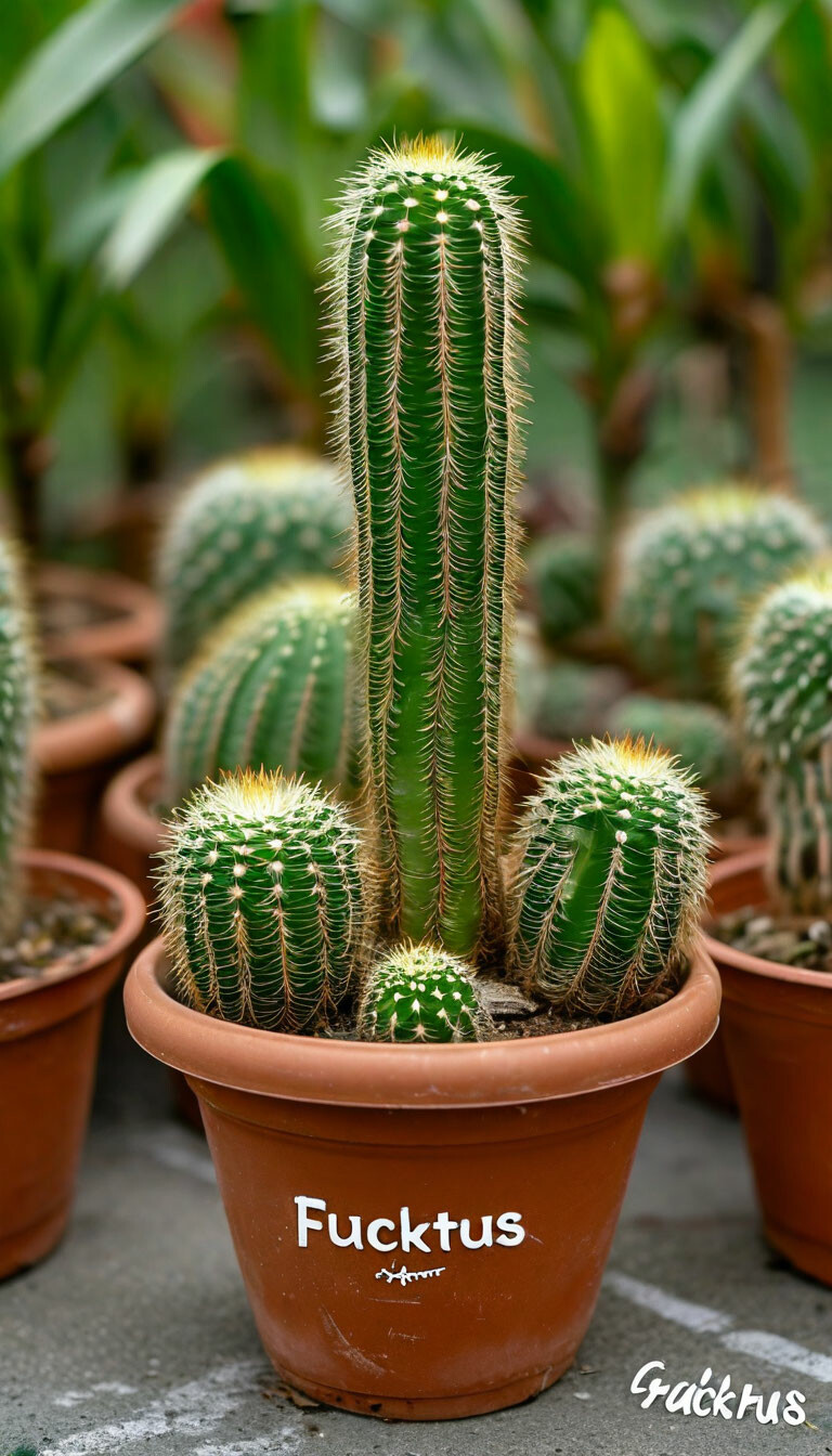 "In one pot there is a bunch of cacti in a row, two identical small ...
