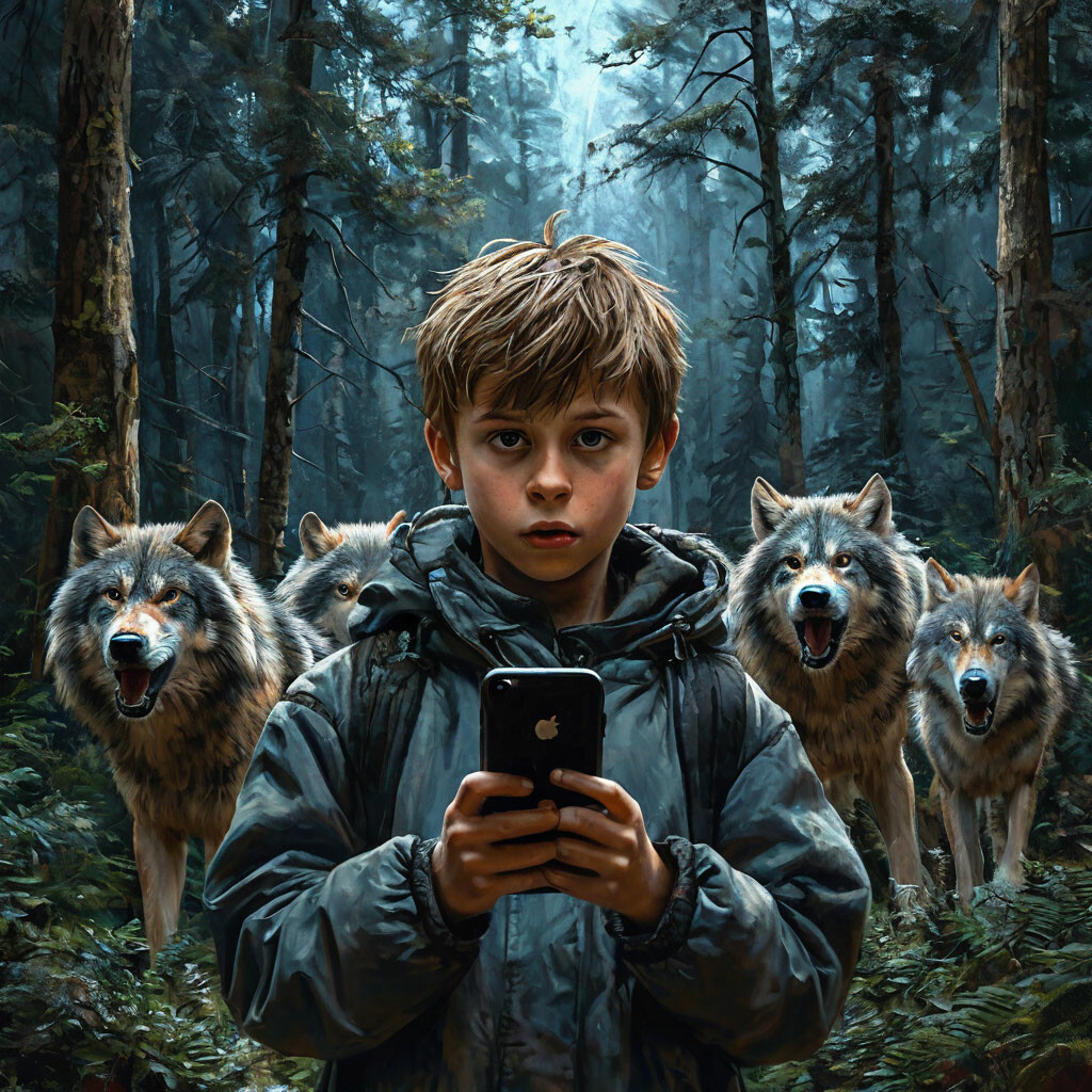 "A scared boy in the distance holding an iphone 15 in a dark forest, 4 ...