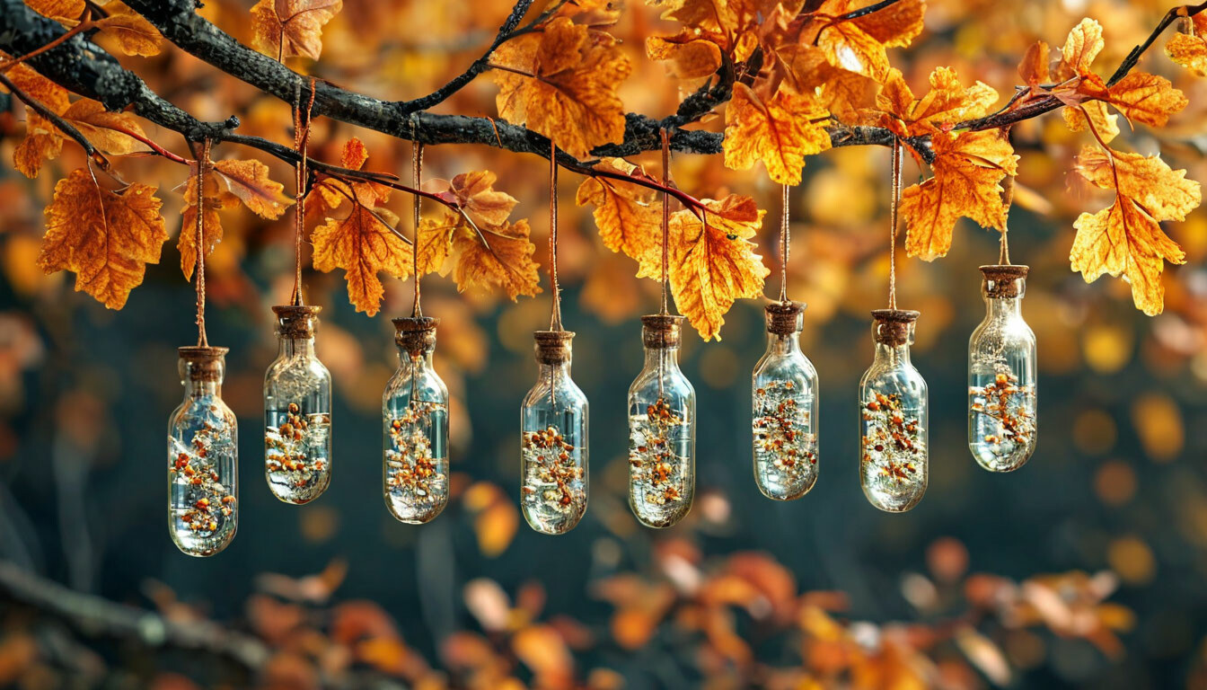 "Vials hang on a branch of an autumn tree" — image created in Shedevrum