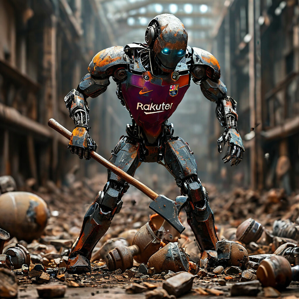 "Cyborg with a hammer smashes a vase …" — image created in Shedevrum