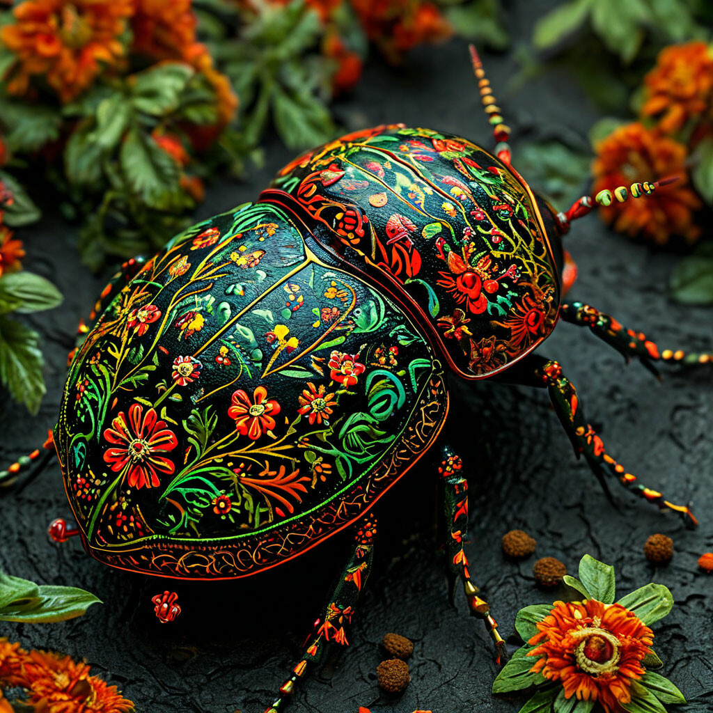 "Khokhloma huge May beetle neon bright…" — image created in Shedevrum