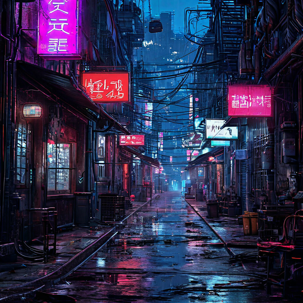 "Dark fantasy, cyberpunk, neon night" — image created in Shedevrum