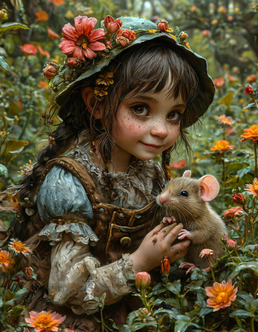"A girl and a cute mouse are picking predatory flowers in the garden ...