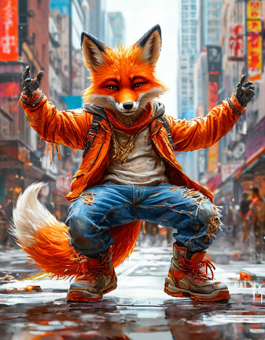 "Fox rapper dances bottom breakdance, humanization, hyper realism ...