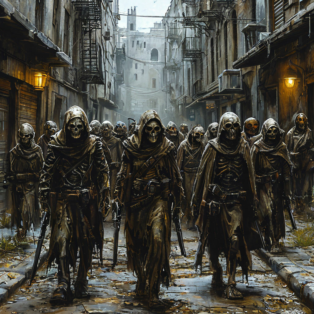 "A crowd of armed undead is walking down the alley" — image created in ...