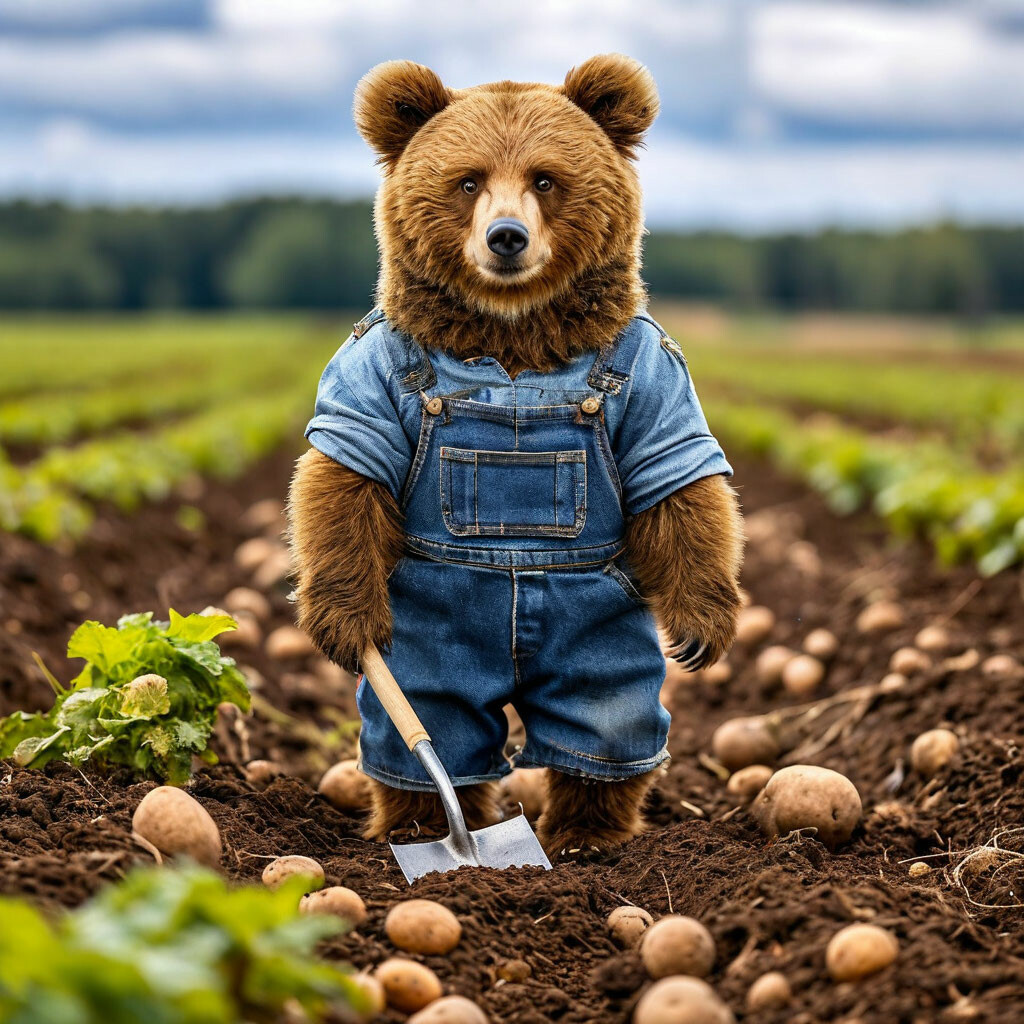 "A beautiful bear in a denim jumpsuit digs potatoes with a shovel in ...