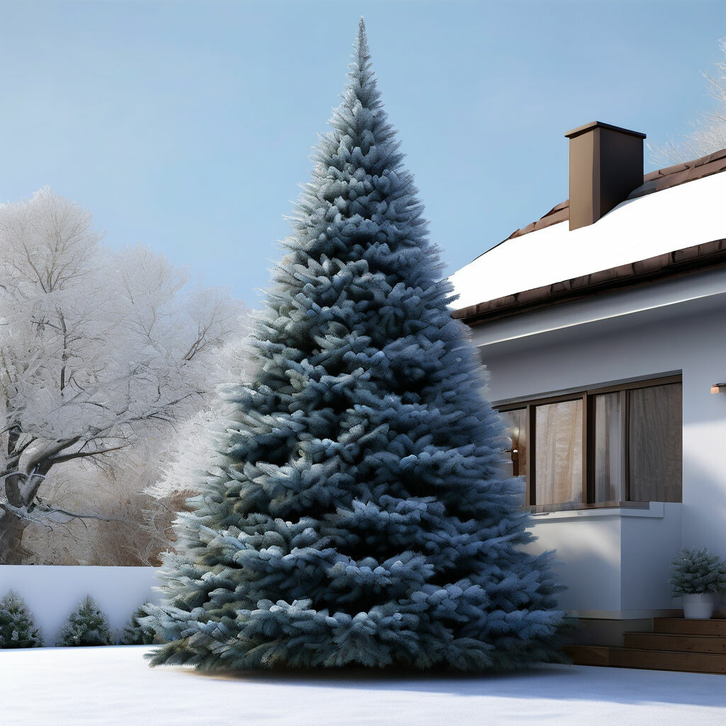 "Draw a blue spruce decorated with a white Christmas garland, against ...