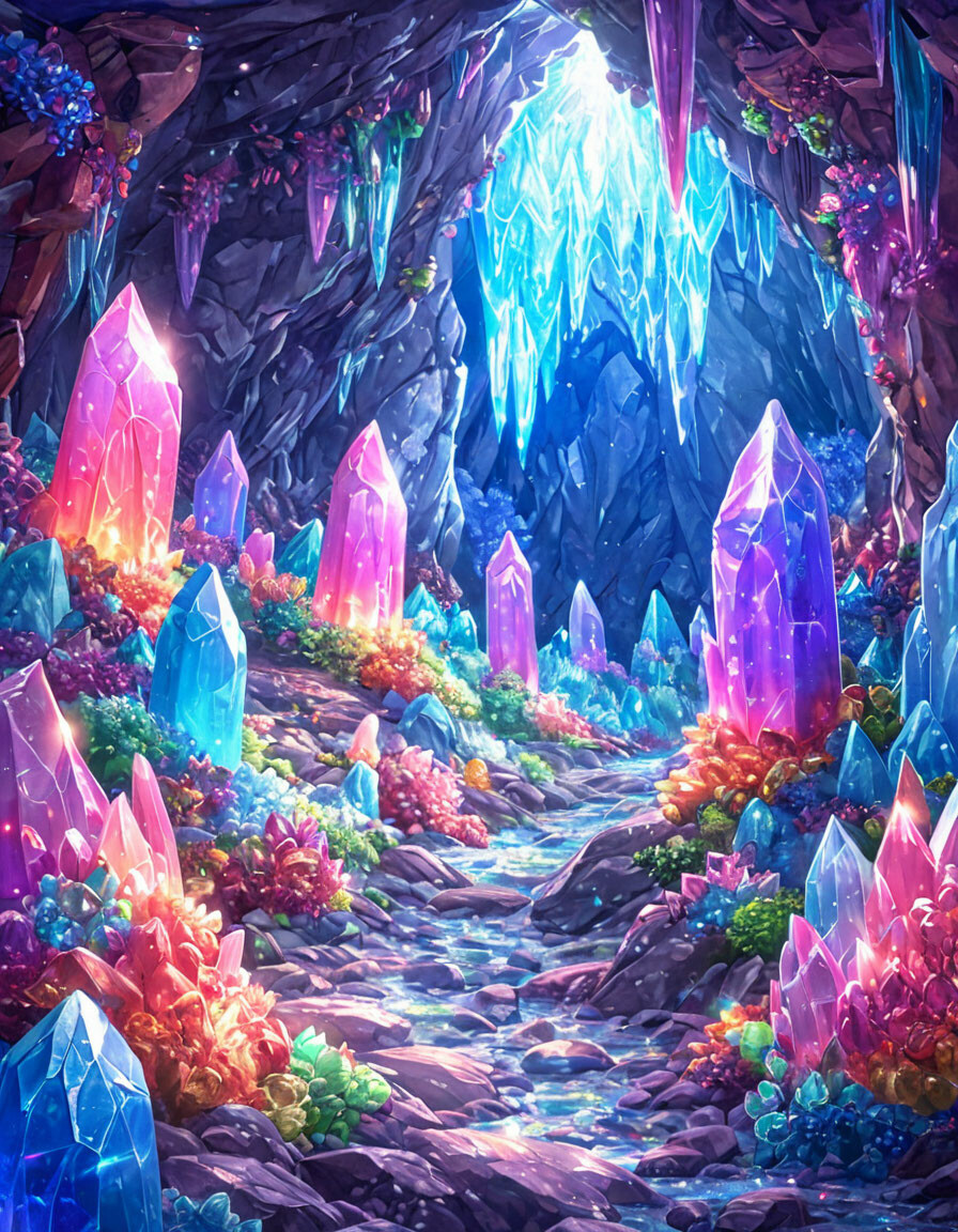 "Incredibly beautiful crystal cave, glowing rainbow stones, anime style ...