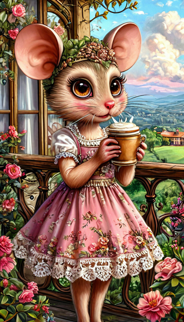 "Good morning ☕ cute, glamorous anthropomorphic mouse girl with big ...