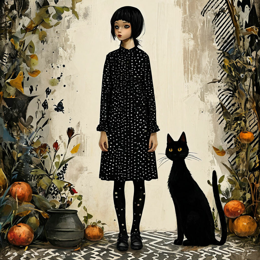 "💥zigzag dot comma girl with black triangular cat, full body full ...
