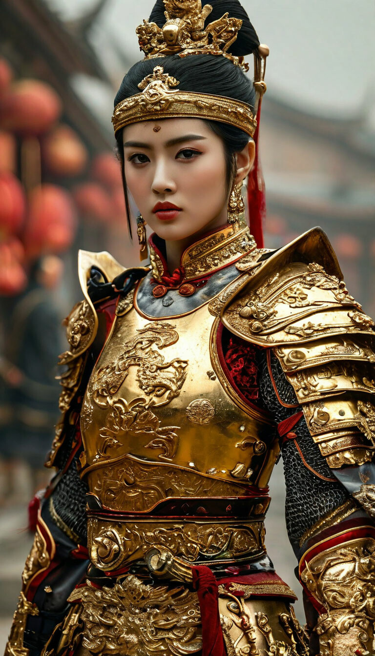 "Chinese female general in golden armor" — image created in Shedevrum