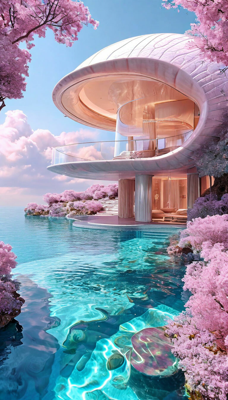"🌀 gravity futuristic house-seashell lase with glass swimming pool ...