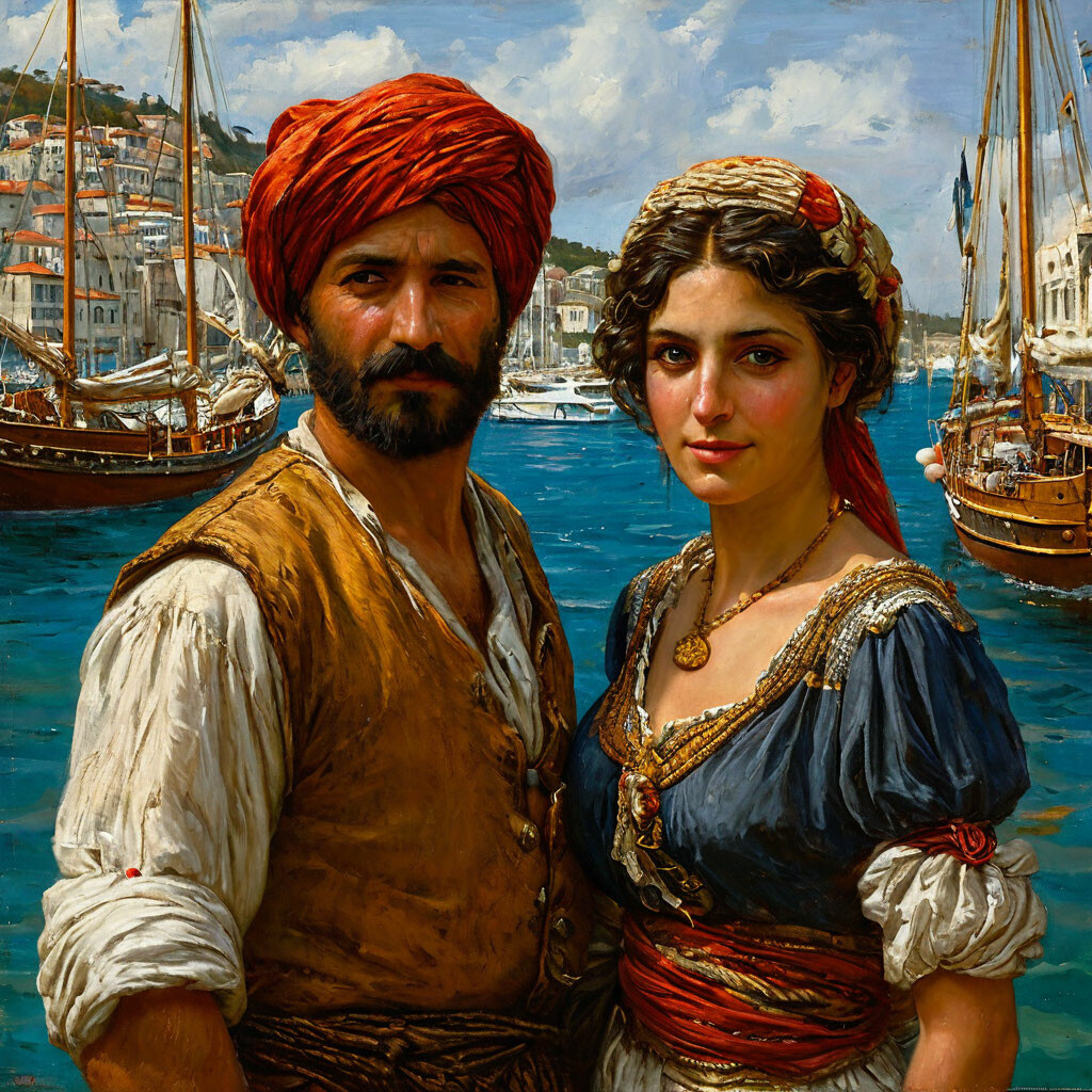 "A Turk and a Greek woman in the port" — image created in Shedevrum