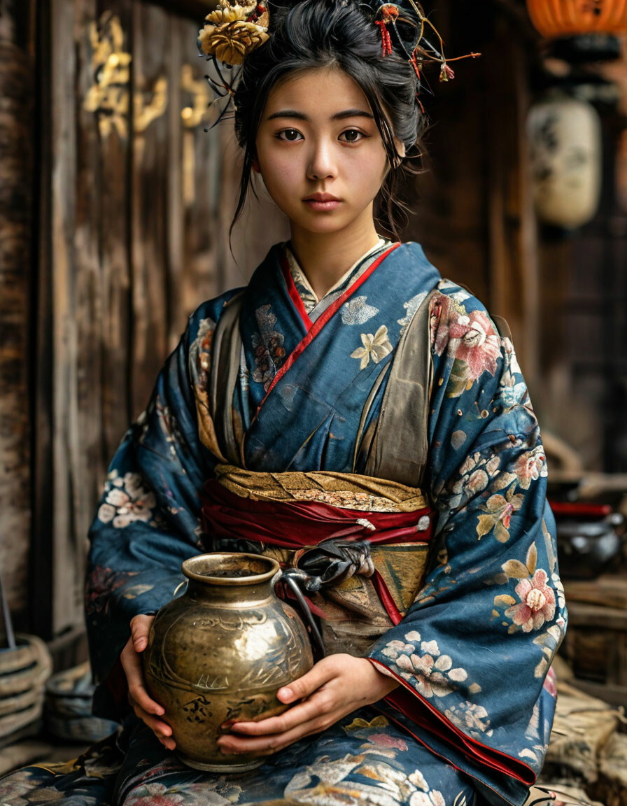 "Beautiful, poor, poorly dressed, young Japanese woman with a jug, full ...