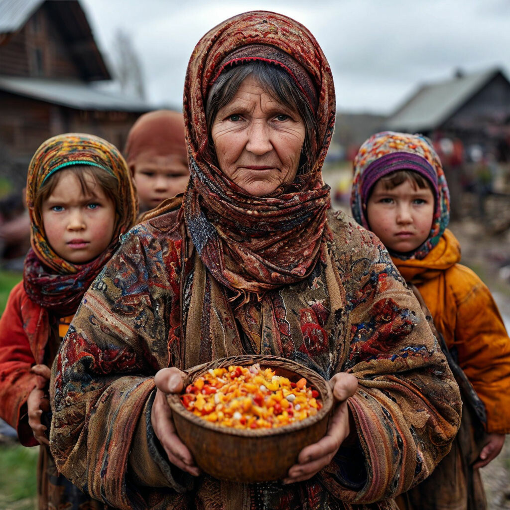 "Russian village woman with hungry children" — image created in Shedevrum
