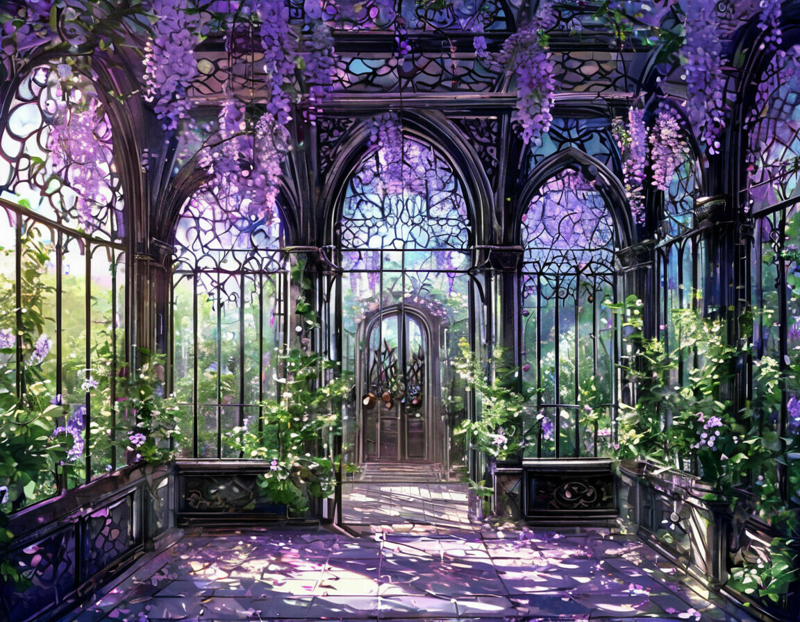 "Gothic glass pavilion, wisteria, …" — image created in Shedevrum