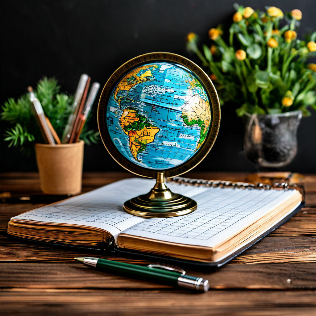 "School notebook, globe, blackboard, chalk, pen, pointer" — image ...