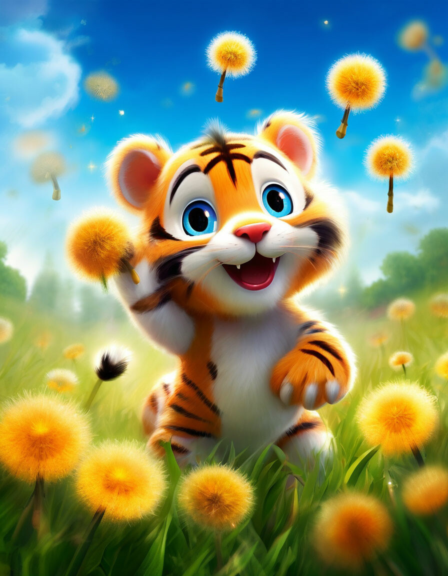 "Cute tiger playing with dandelions, bright and colorful landscape ...